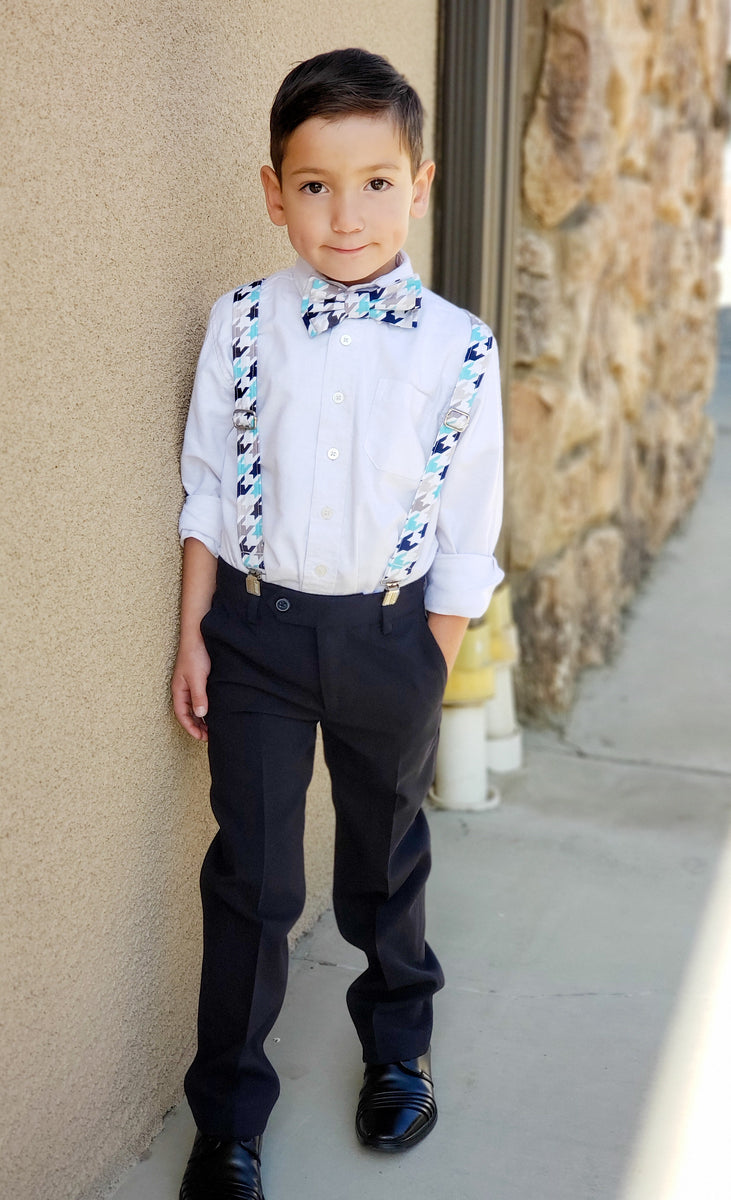 Aqua Houndstooth Skinny Suspenders, Handmade to Order | Dapper Xpressions